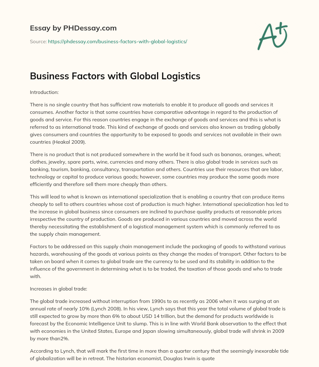 Business Factors with Global Logistics - PHDessay.com