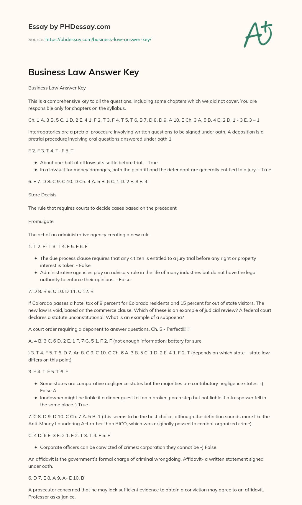 Business Law Answer Key - PHDessay.com