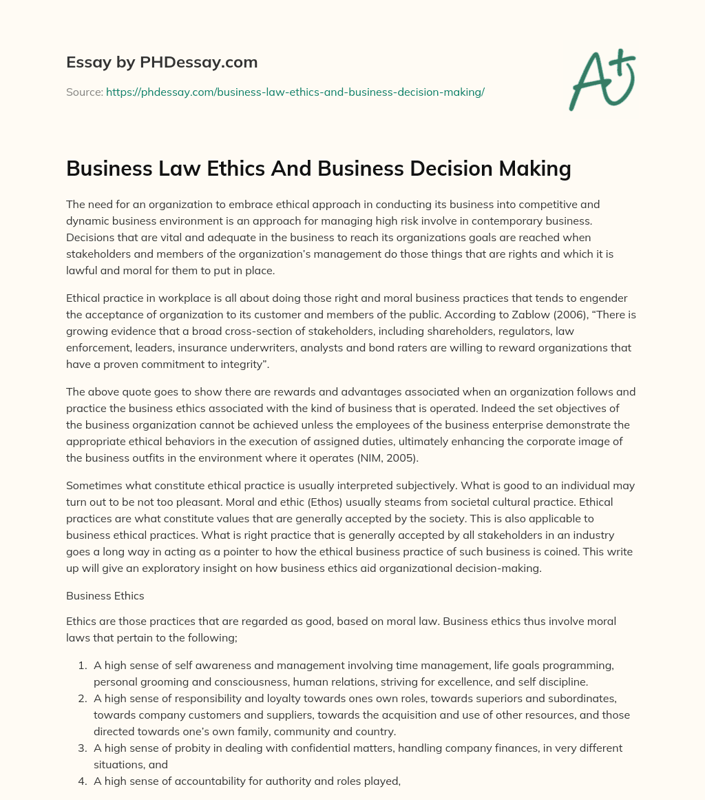 Business Law Ethics And Business Decision Making - PHDessay.com