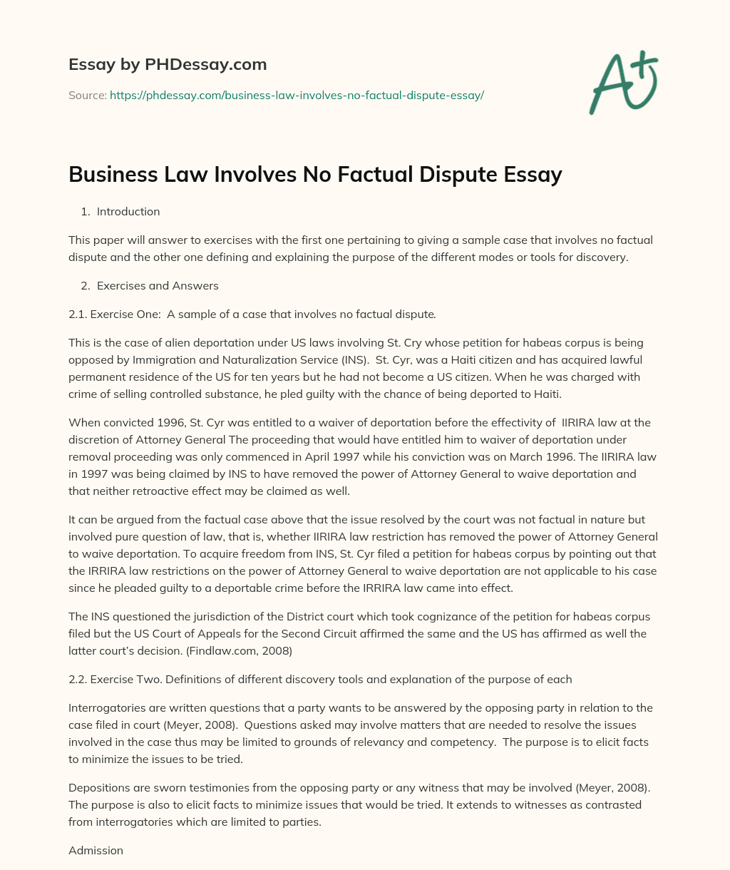 Business Law Involves No Factual Dispute Essay - PHDessay.com