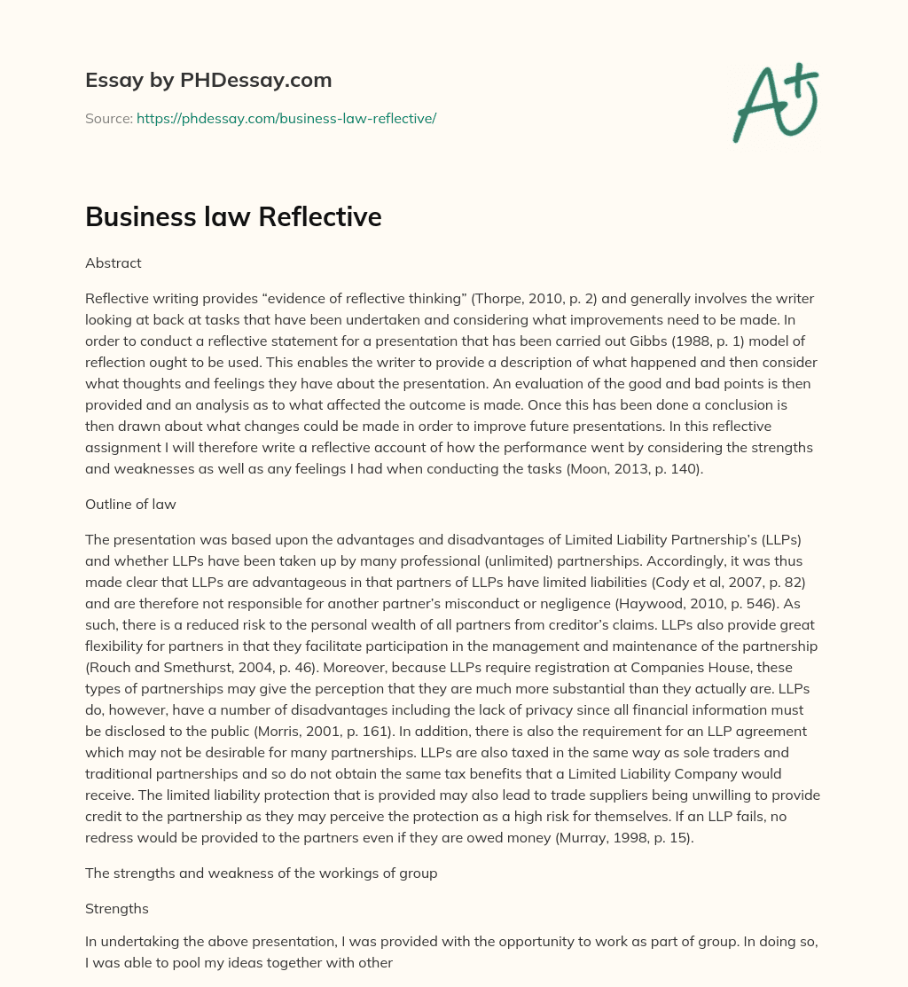 Business law Reflective - PHDessay.com