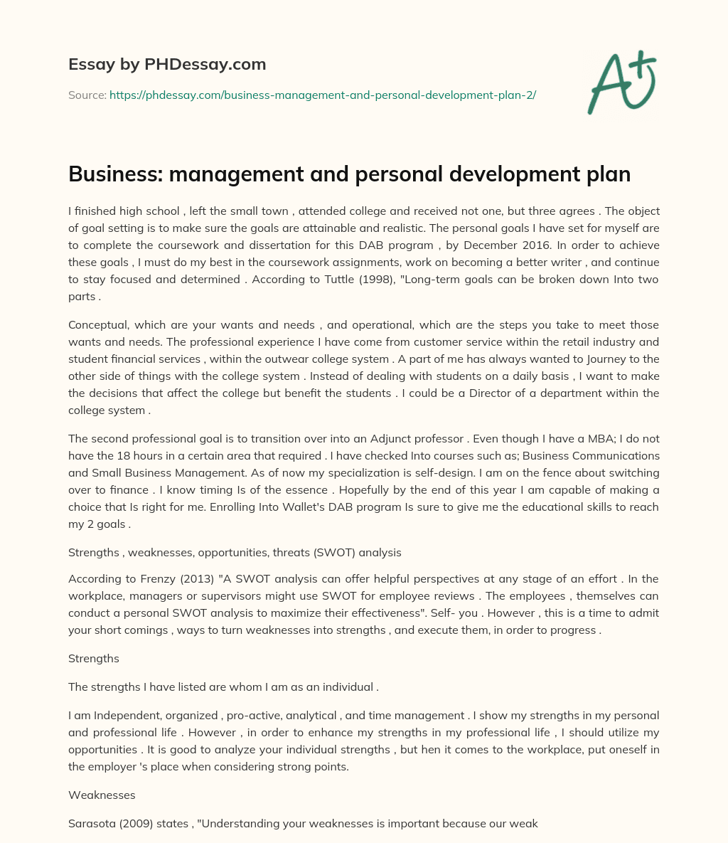 Business: Management And Personal Development Plan Example - PHDessay.com