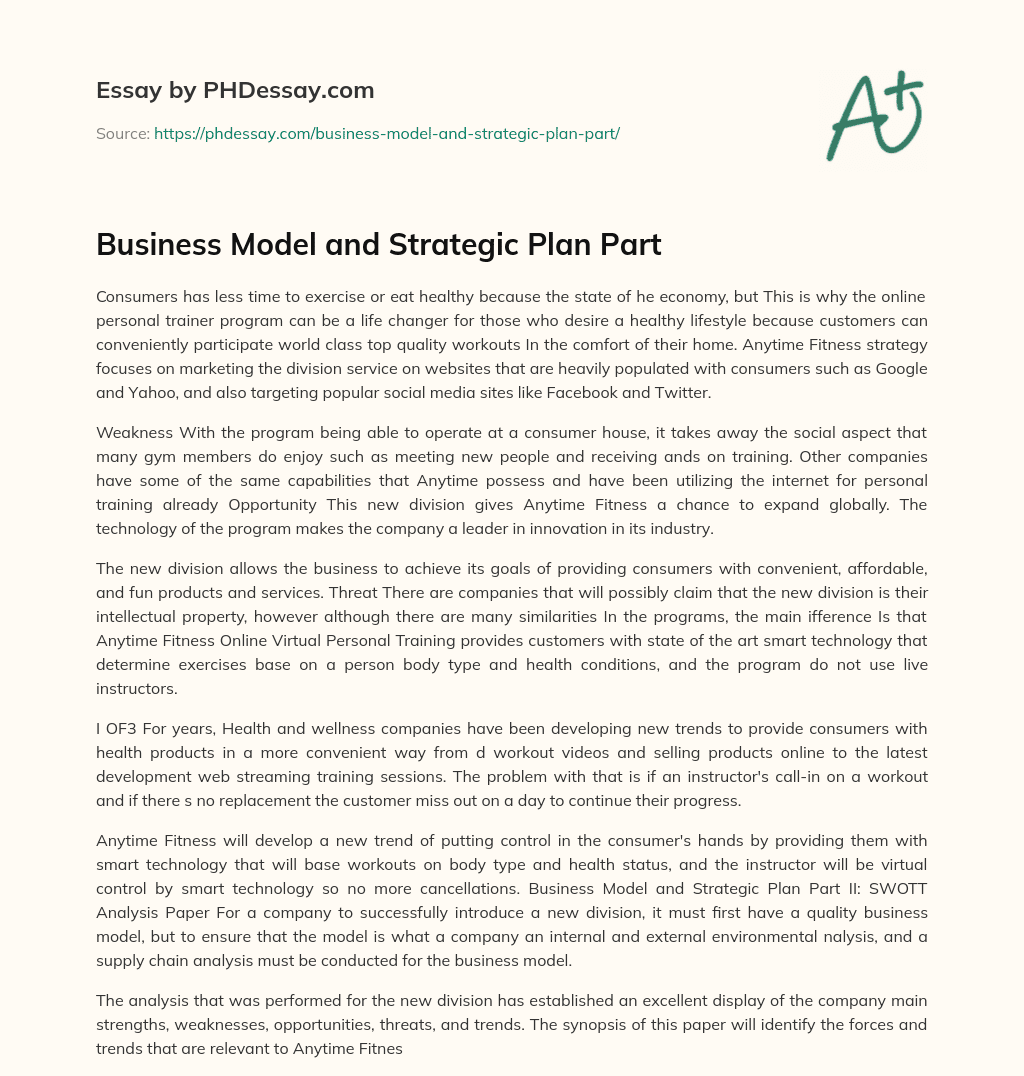 Business Model and Strategic Plan Part - PHDessay.com