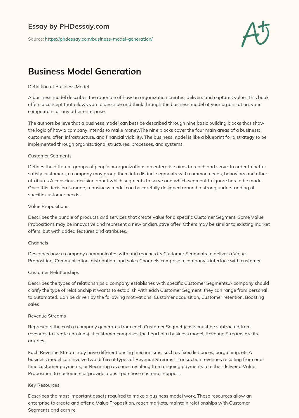 Business Model Generation (600 Words) - PHDessay.com