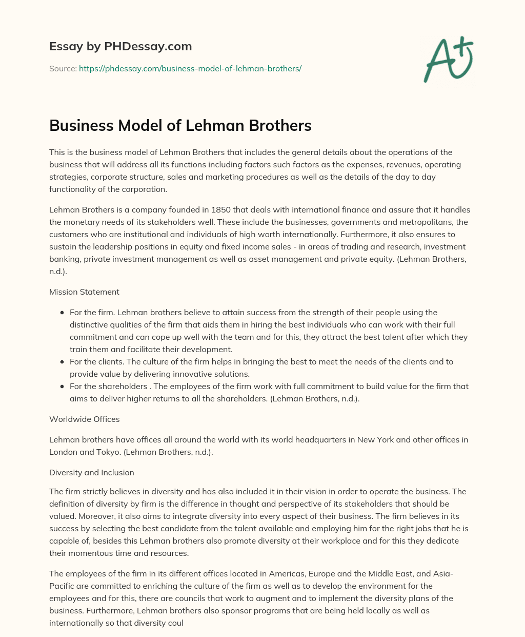 Business Model of Lehman Brothers - PHDessay.com