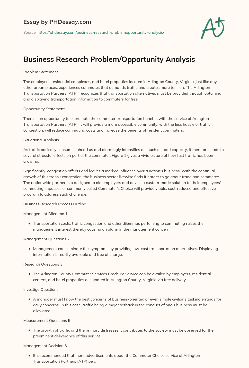 Business Research Problem/Opportunity Analysis (400 Words) - PHDessay.com