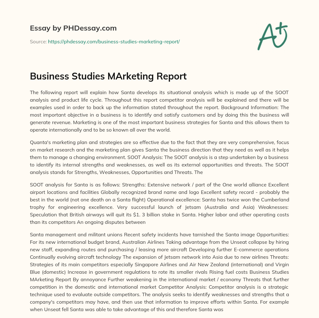 Business Studies MArketing Report - PHDessay.com