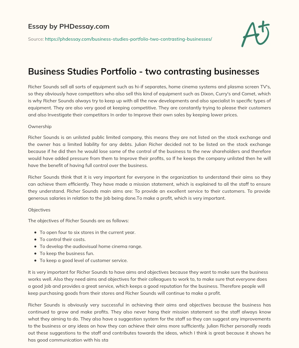Business Studies Portfolio - two contrasting businesses - PHDessay.com