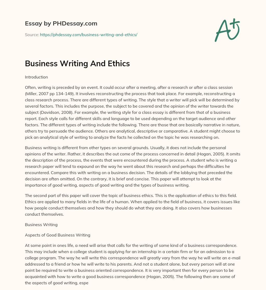 Business Writing And Ethics - PHDessay.com