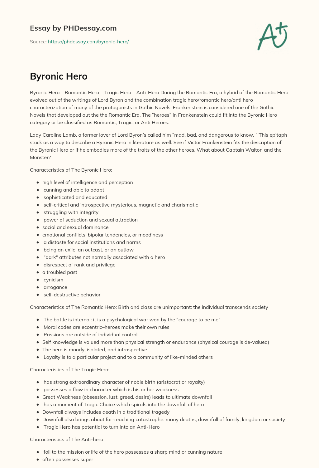 Byronic Hero Essay Example (600 Words) - PHDessay.com