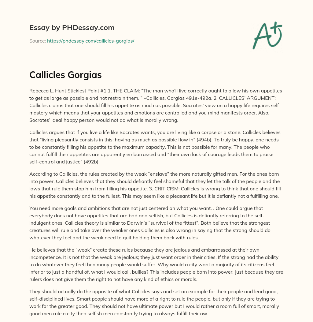 Callicles Gorgias (500 Words) - PHDessay.com