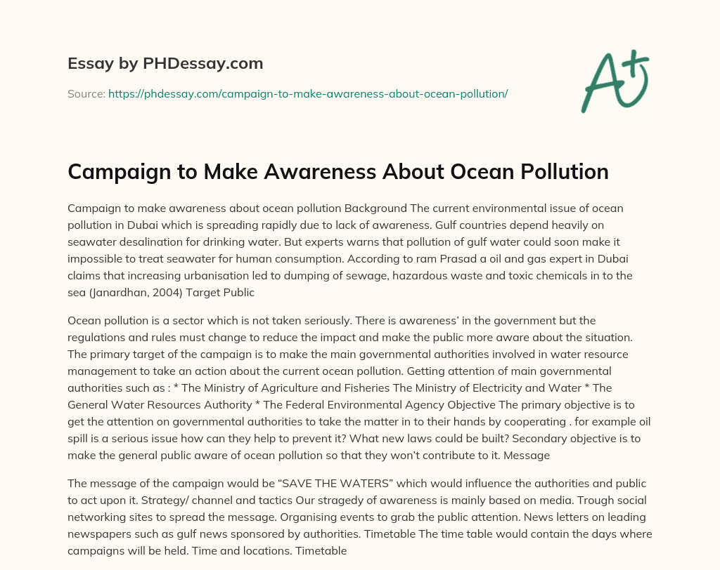 Campaign to Make Awareness About Ocean Pollution (300 Words) - PHDessay.com