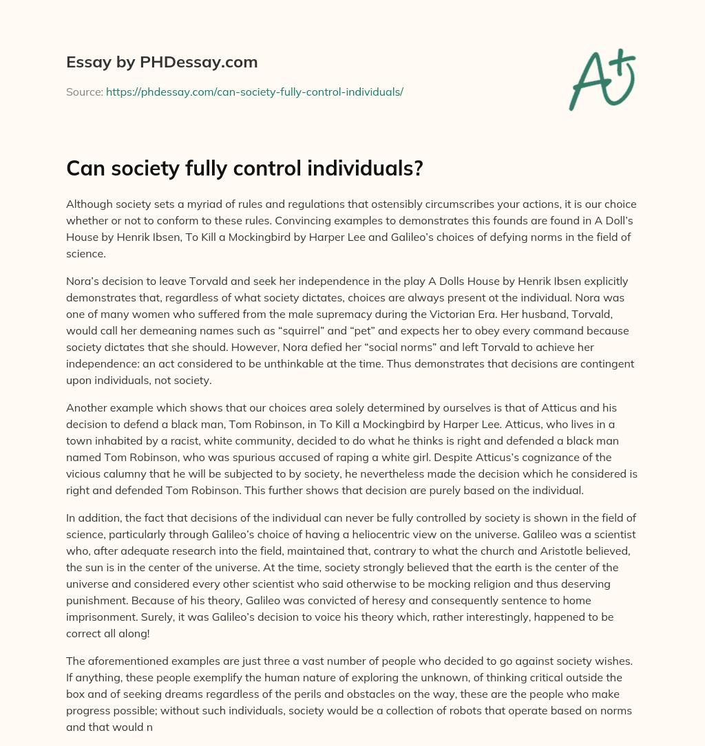 Can society fully control individuals? (500 Words) - PHDessay.com