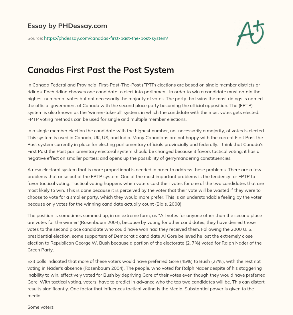 Canadas First Past the Post System - PHDessay.com