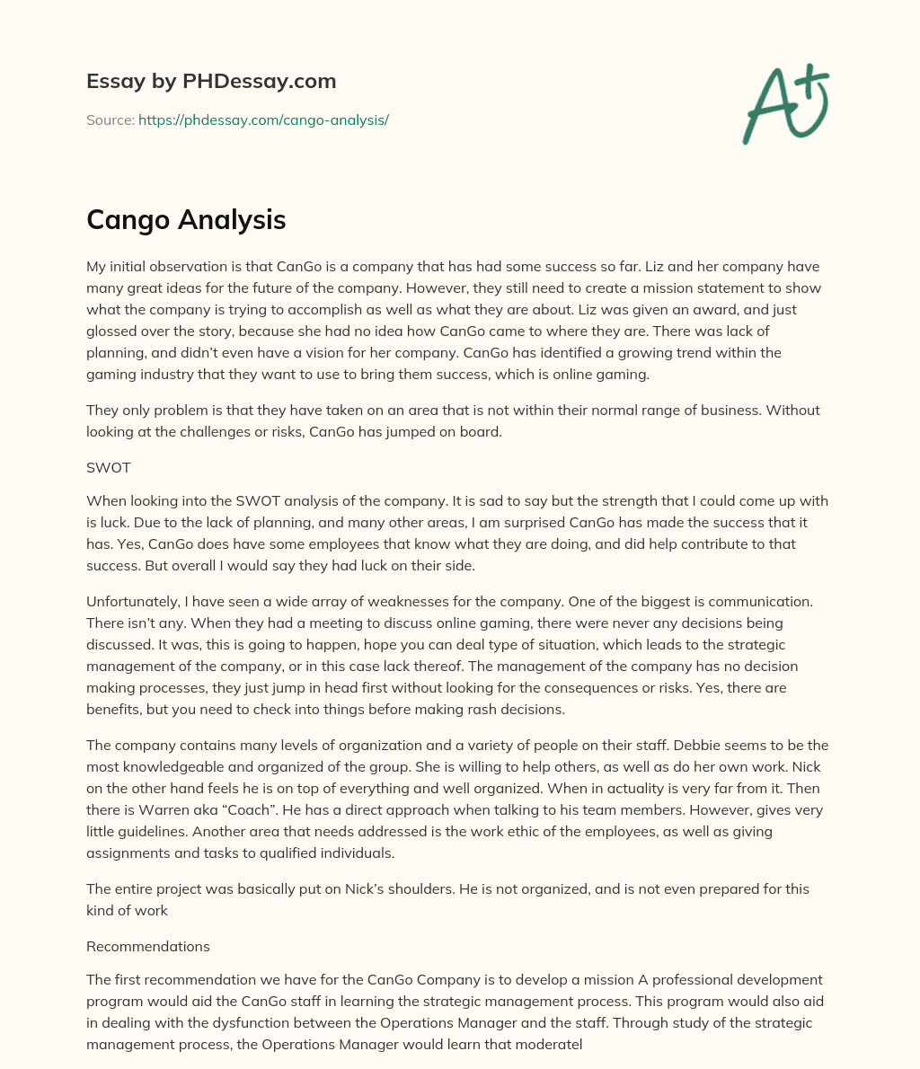 Cango Analysis - PHDessay.com