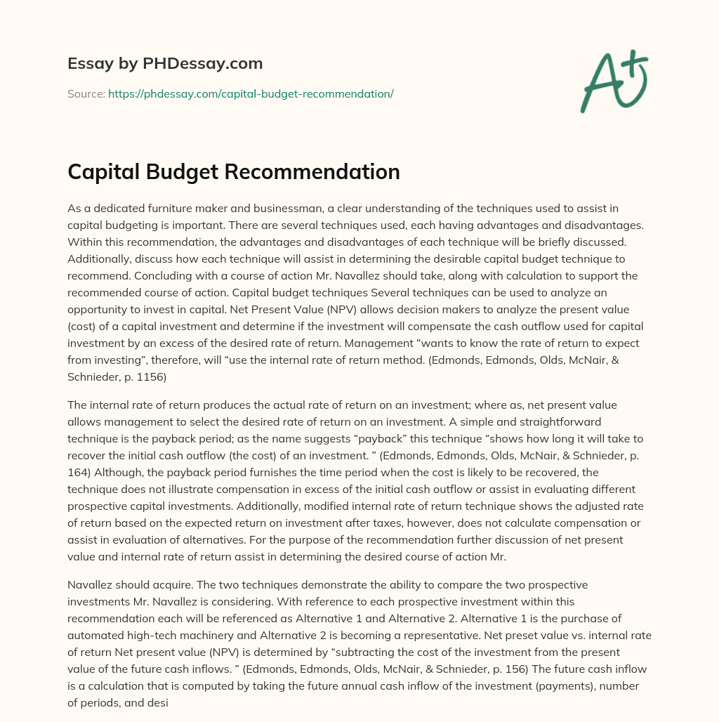 Capital Budget Recommendation - PHDessay.com