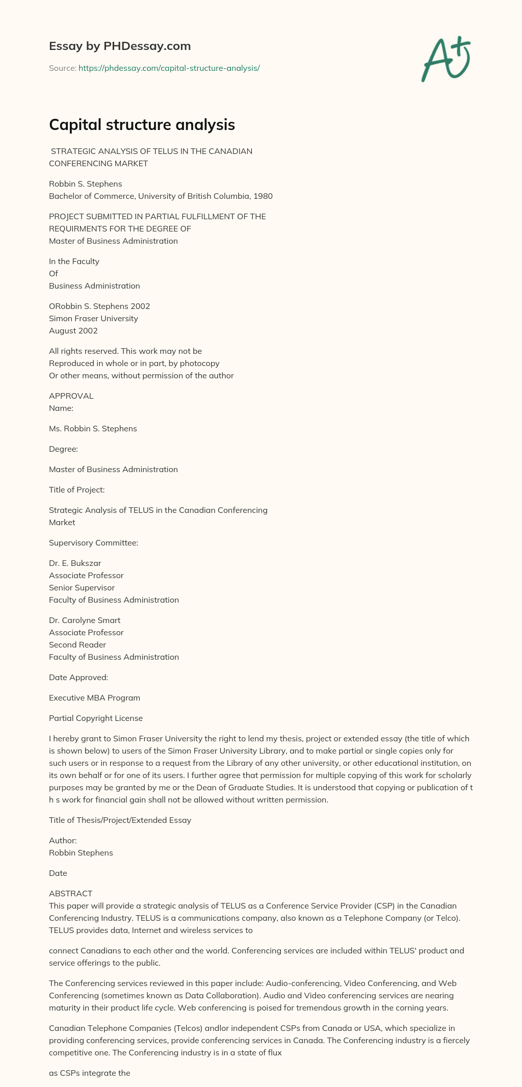 Capital structure analysis - PHDessay.com