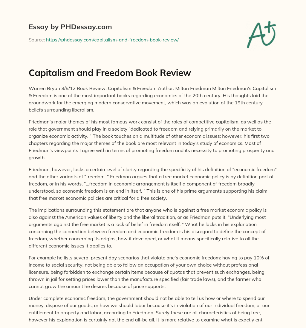 Capitalism and Freedom Book Review - PHDessay.com