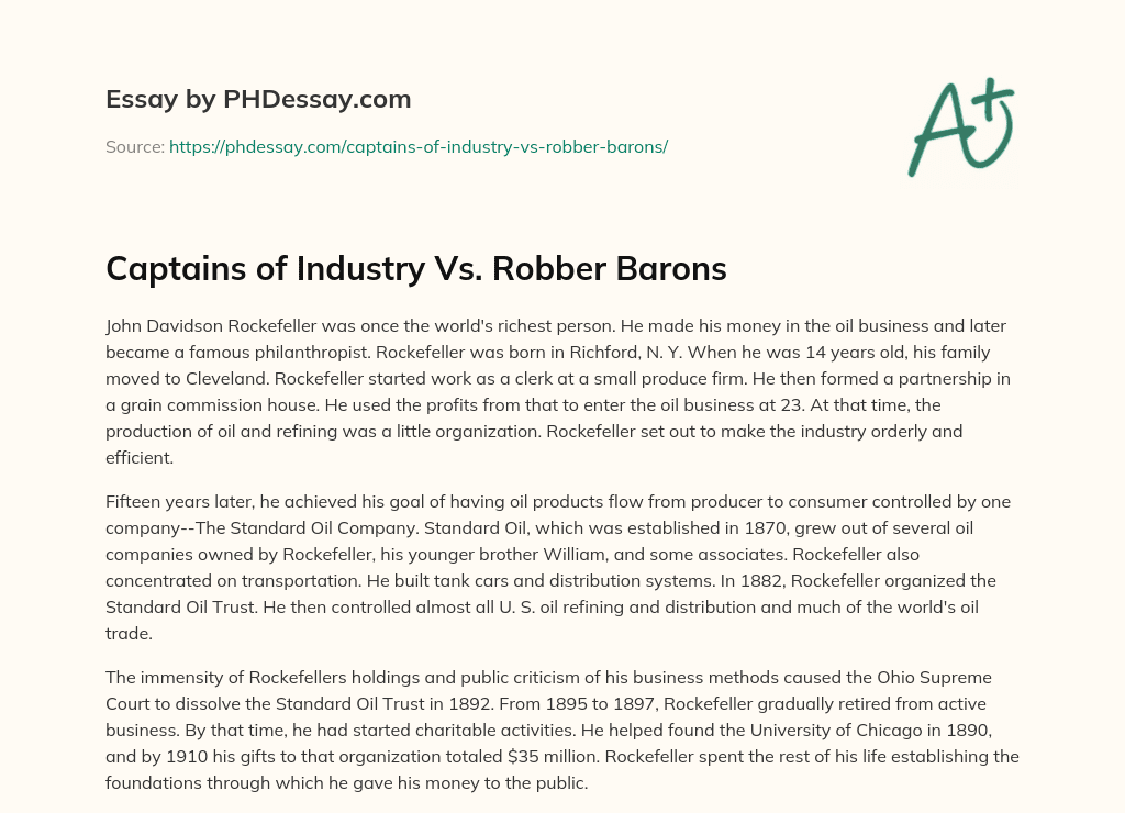 Captains of Industry Vs. Robber Barons (300 Words) - PHDessay.com