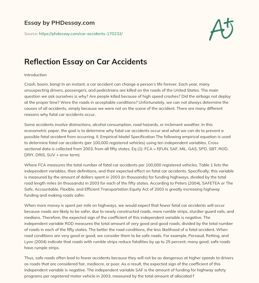 Reflection Essay on Car Accidents - PHDessay.com