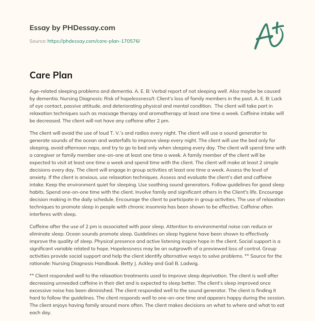 Care Plan (500 Words) - PHDessay.com
