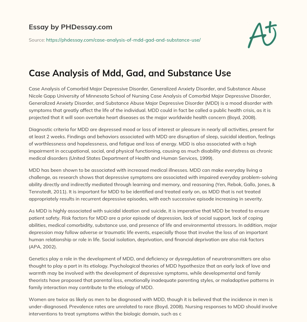Case Analysis of Mdd, Gad, and Substance Use - PHDessay.com