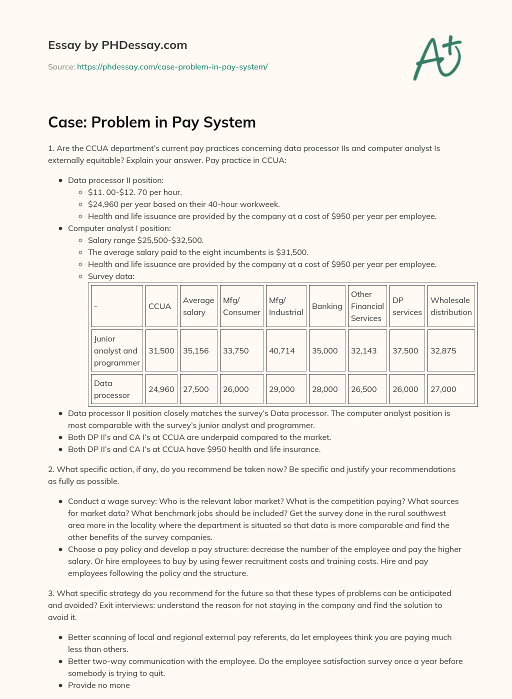 Case: Problem in Pay System - PHDessay.com
