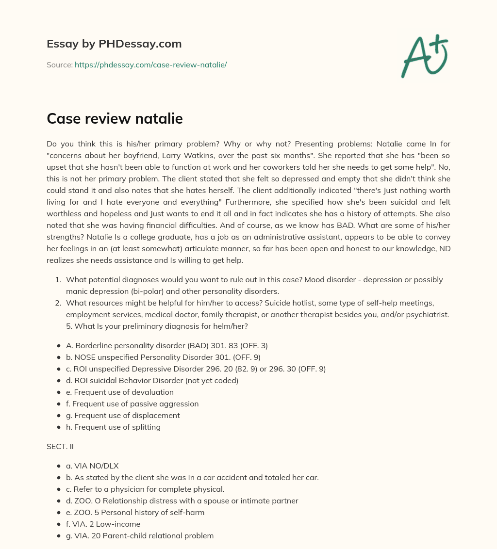 Case review natalie (400 Words) - PHDessay.com