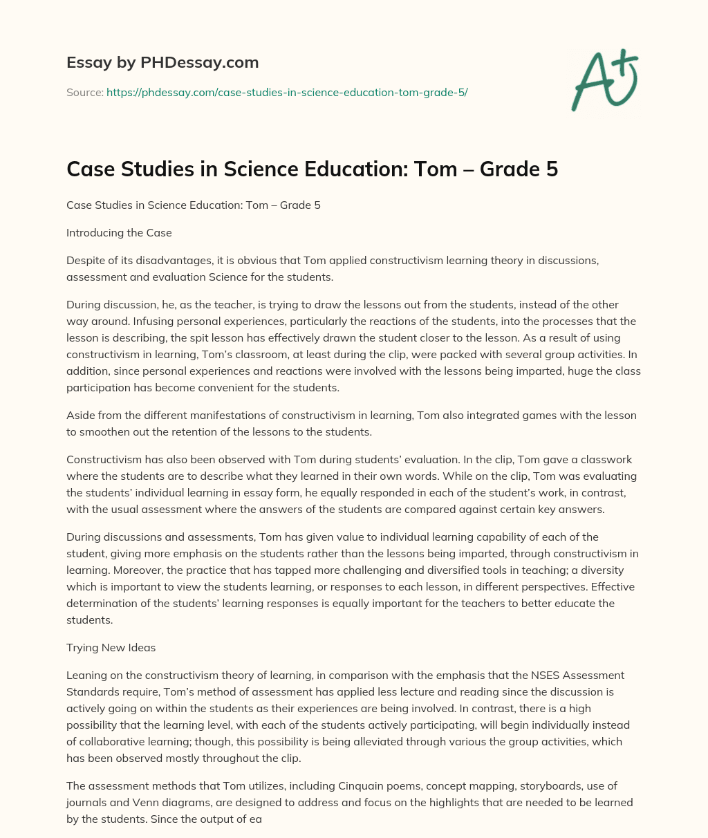 Case Studies in Science Education: Tom – Grade 5 - PHDessay.com