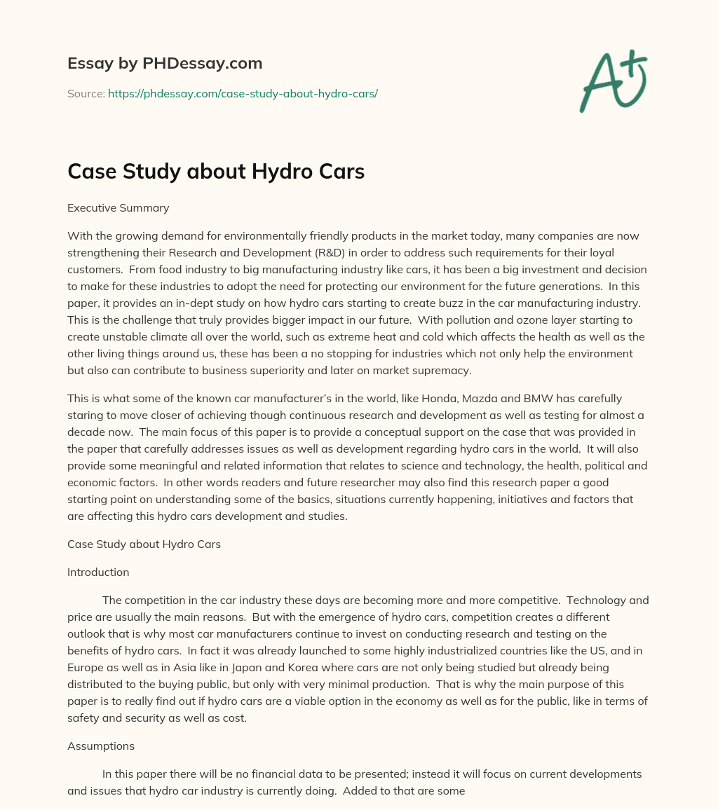 Case Study about Hydro Cars - PHDessay.com