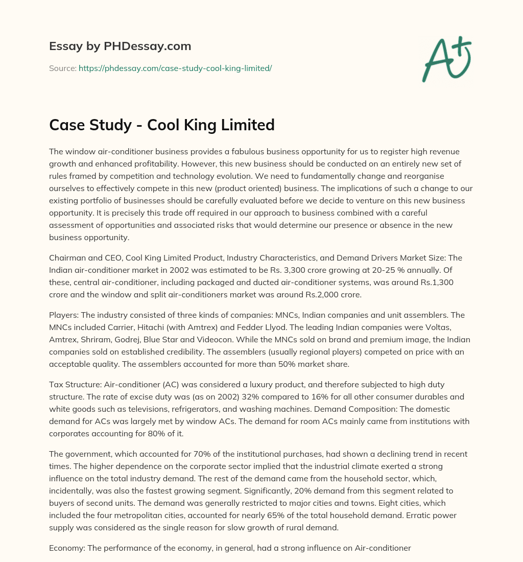 Case Study - Cool King Limited - PHDessay.com