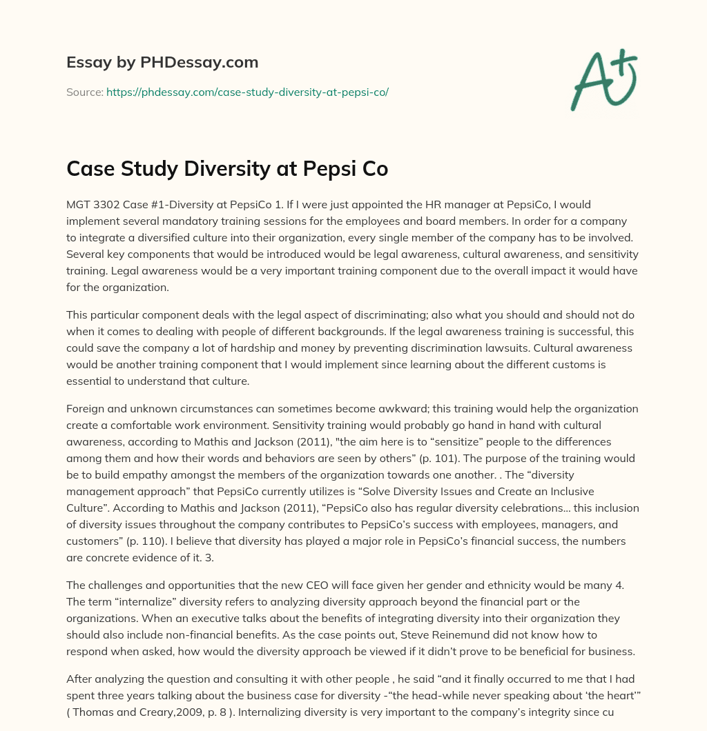 Case Study Diversity at Pepsi Co (500 Words) - PHDessay.com