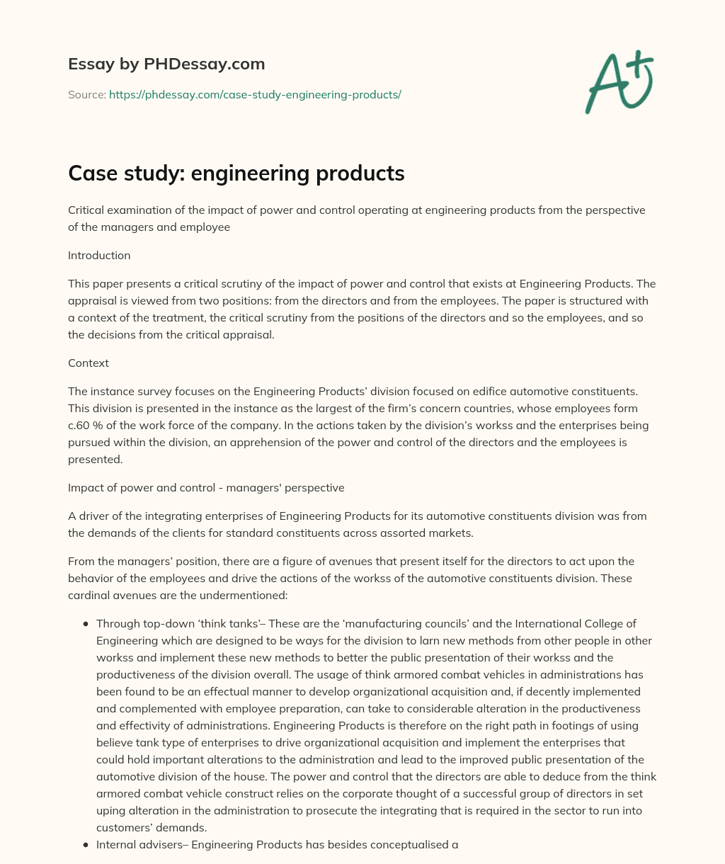 Case study: engineering products - PHDessay.com