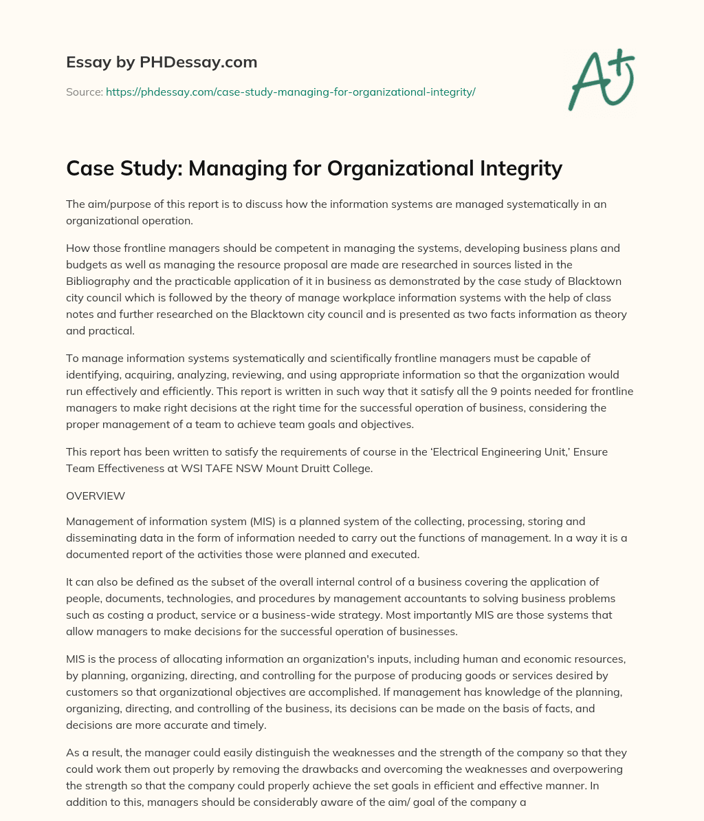 Case Study: Managing for Organizational Integrity - PHDessay.com
