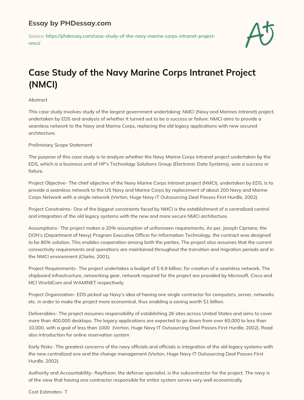Case Study of the Navy Marine Corps Intranet Project (NMCI) - PHDessay.com