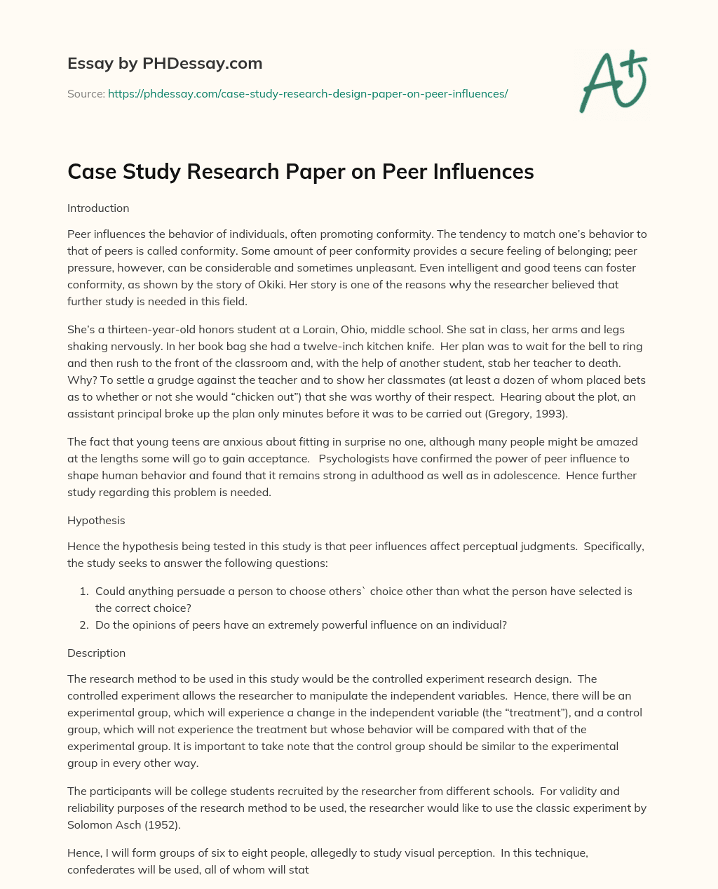 Case Study Research Paper on Peer Influences - PHDessay.com