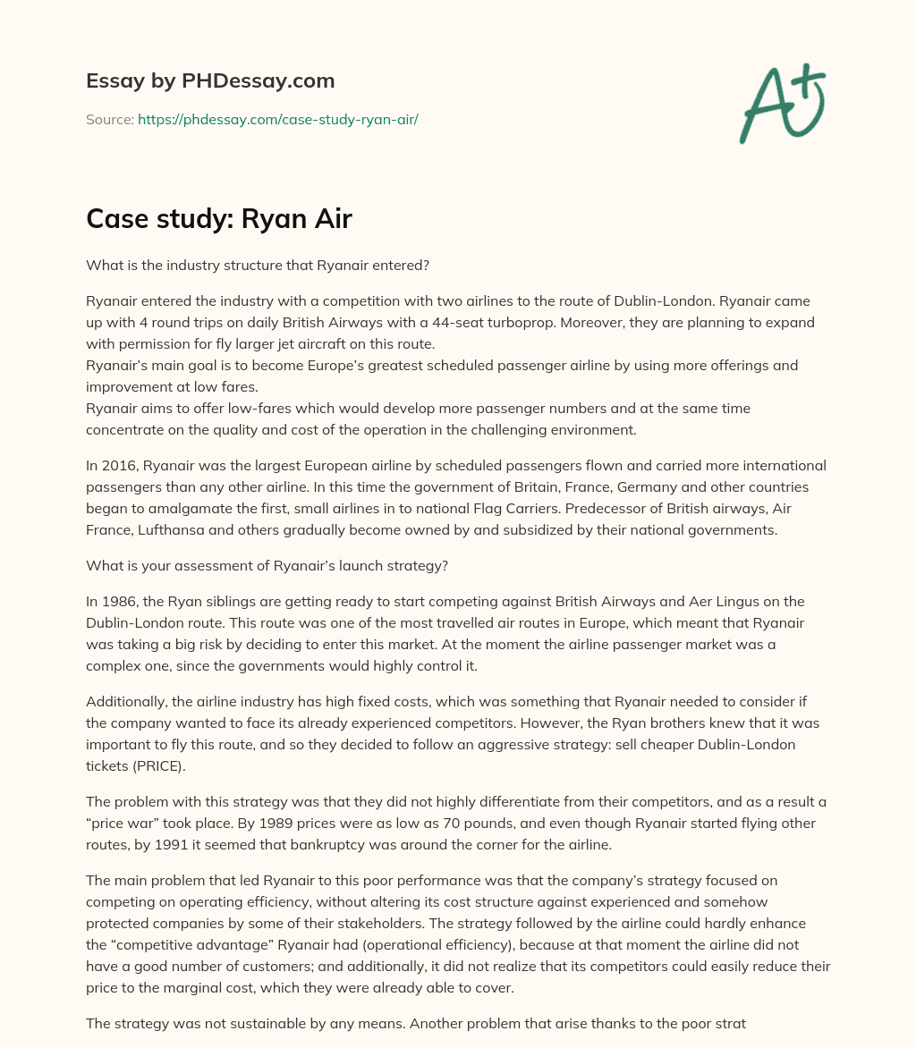 Case study: Ryan Air - PHDessay.com