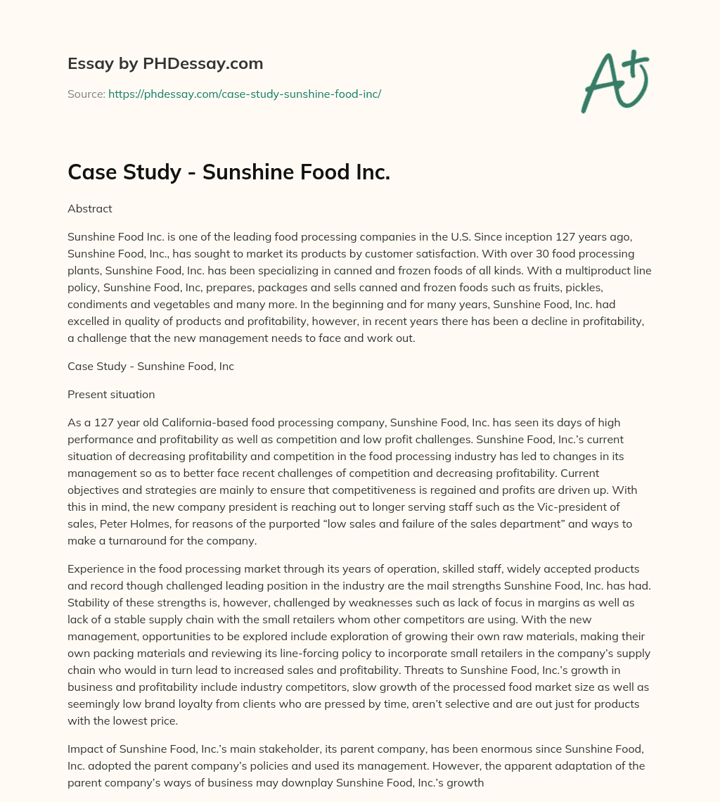 Case Study - Sunshine Food Inc. - PHDessay.com