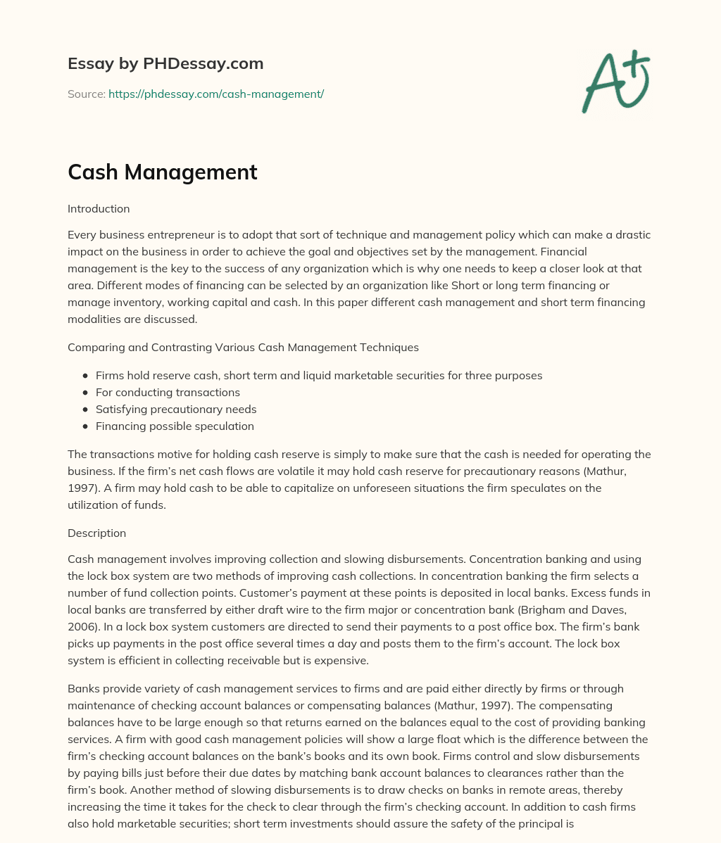 Cash Management - PHDessay.com