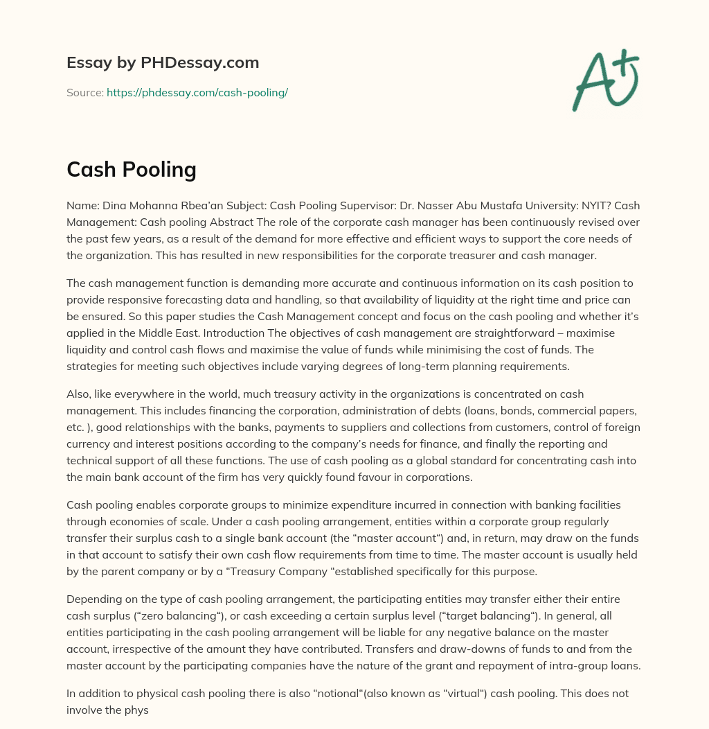 Cash Pooling Definition Example - PHDessay.com