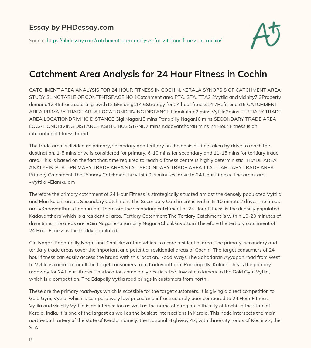 Catchment Area Analysis for 24 Hour Fitness in Cochin - PHDessay.com