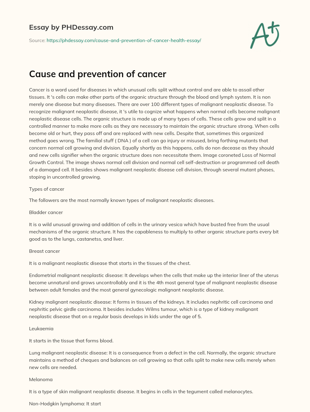 Cause and prevention of cancer - PHDessay.com