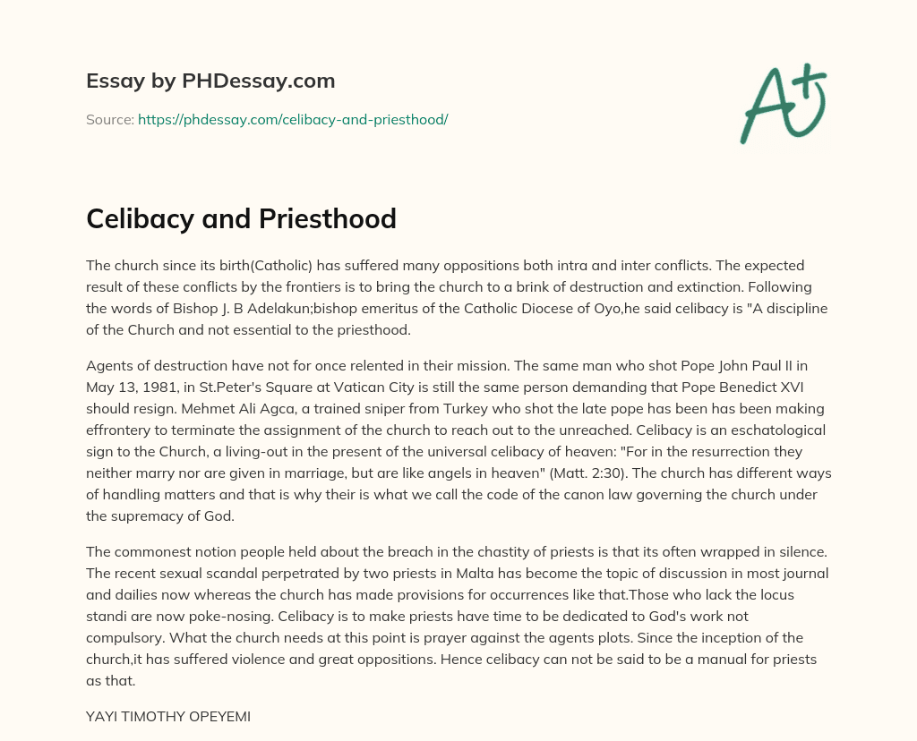 Celibacy and Priesthood (300 Words) - PHDessay.com