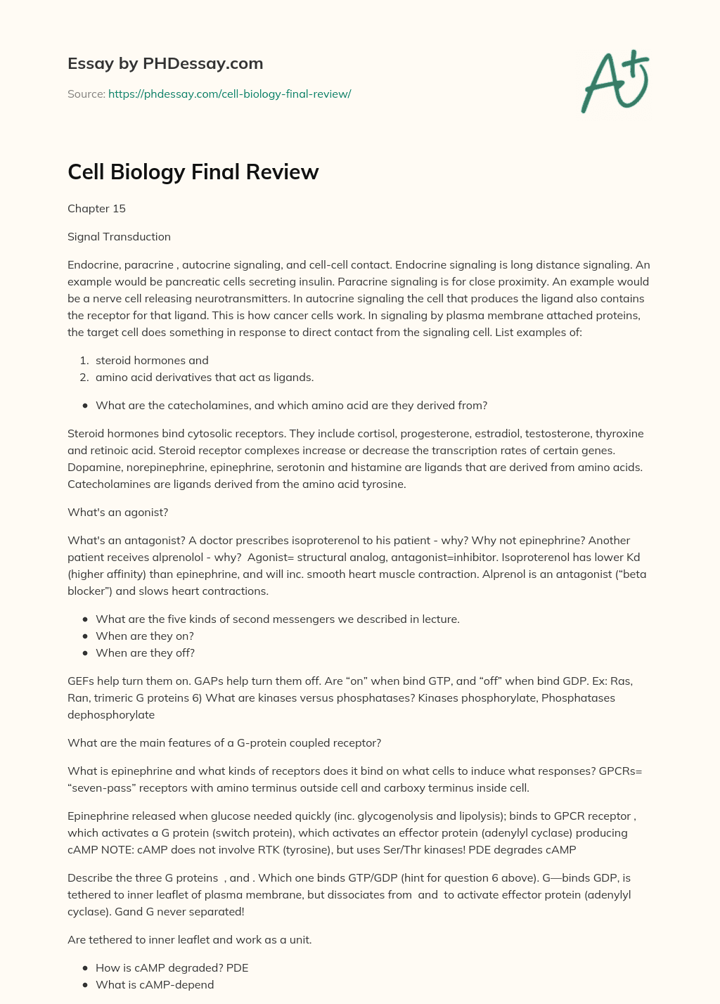 Cell Biology Final Review - PHDessay.com