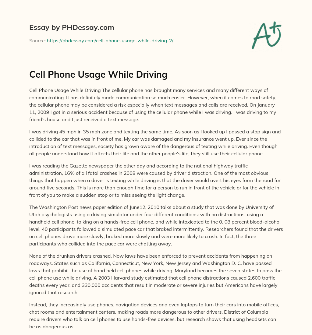 Cell Phone Usage While Driving - PHDessay.com
