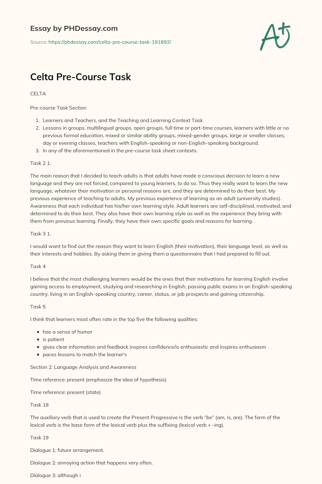 Celta Pre-Course Task - PHDessay.com