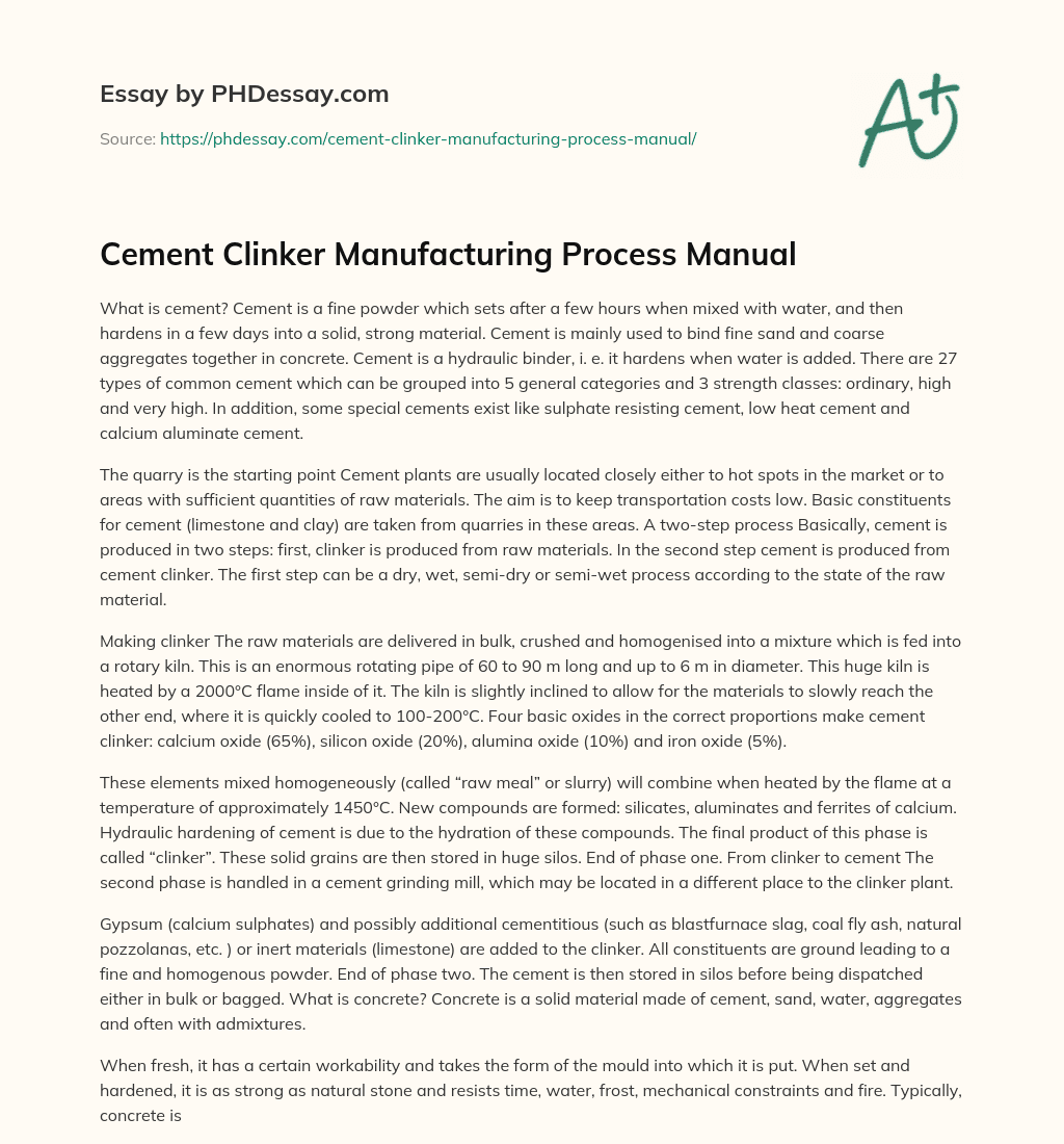 Cement Clinker Manufacturing Process Manual (500 Words) - PHDessay.com