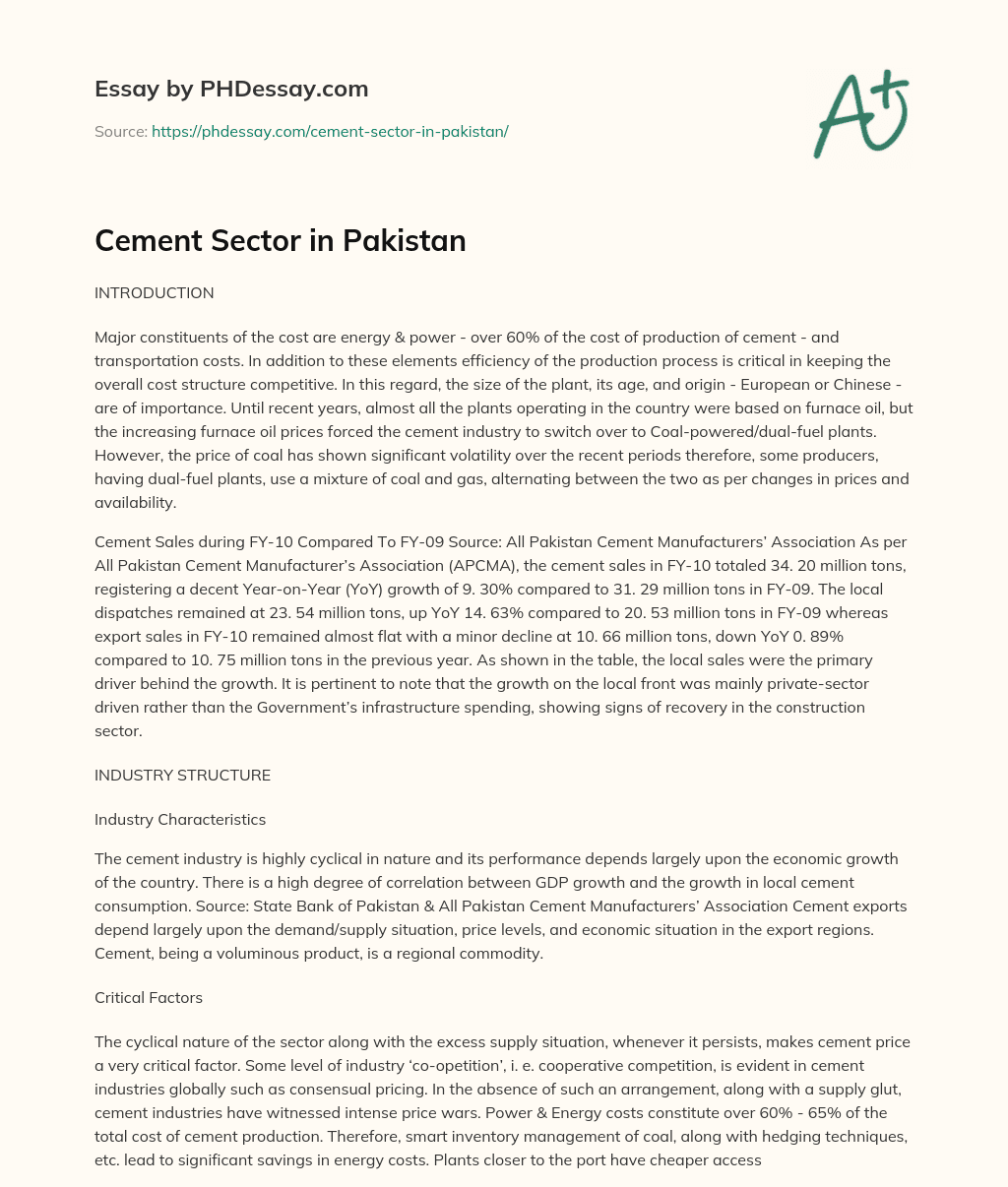 Cement Sector in Pakistan - PHDessay.com