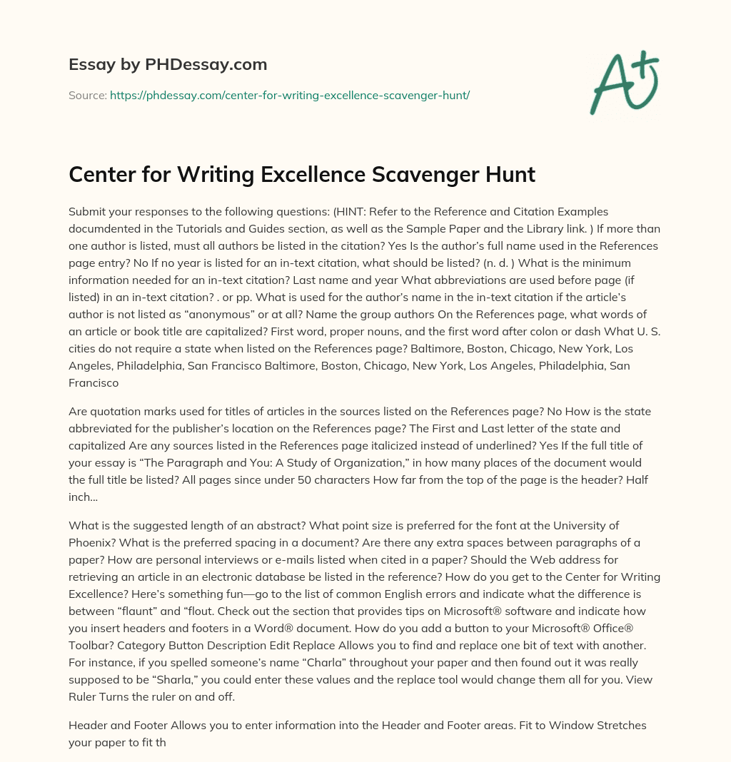 Center for Writing Excellence Scavenger Hunt - PHDessay.com