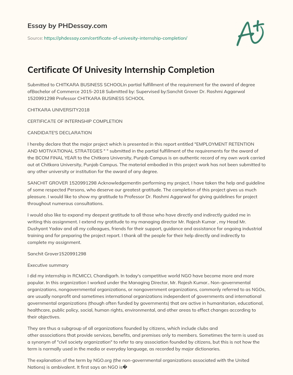 Certificate Of Univesity Internship Completion - PHDessay.com